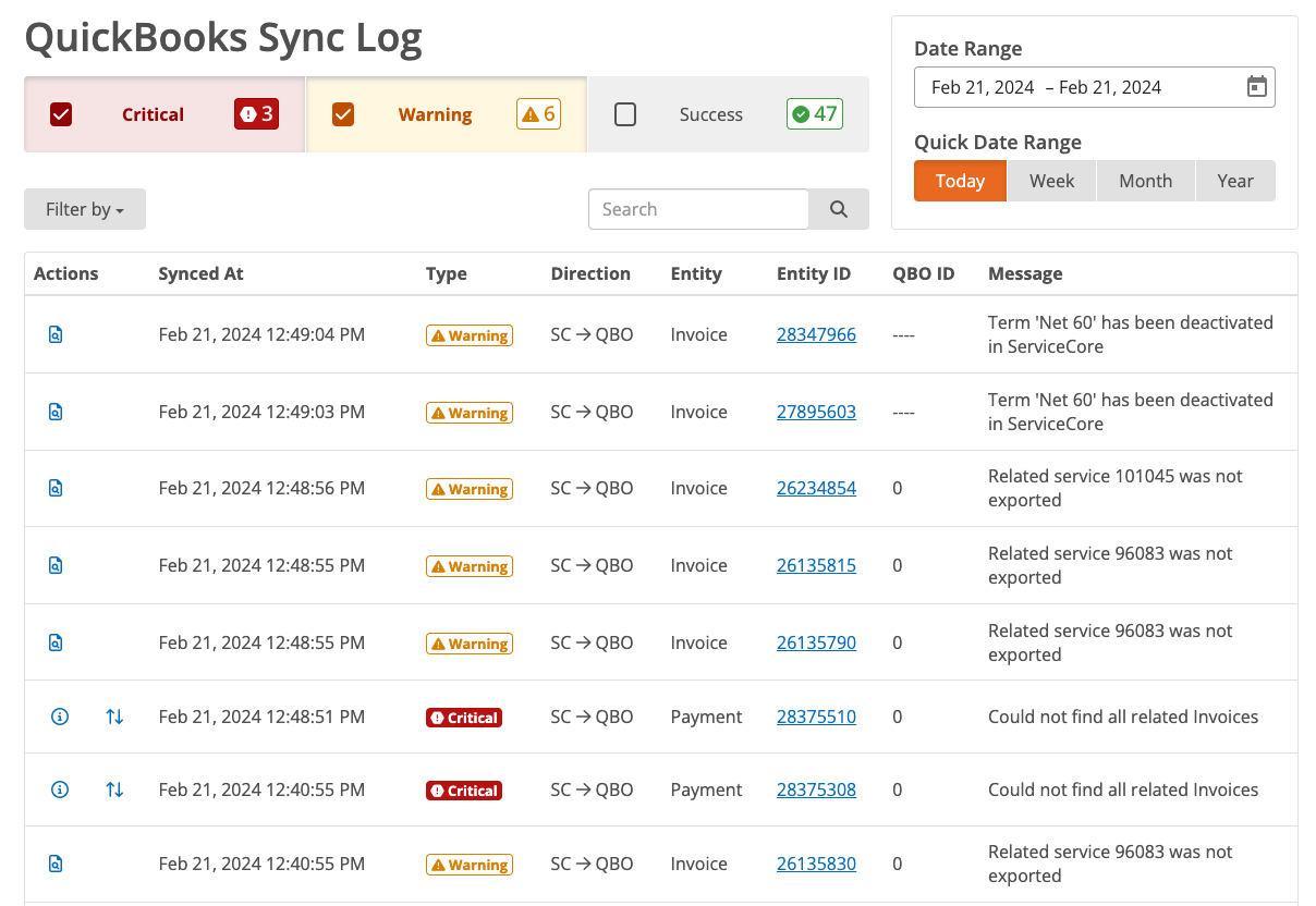 Quickbooks Online Sync Logs – ServiceCore